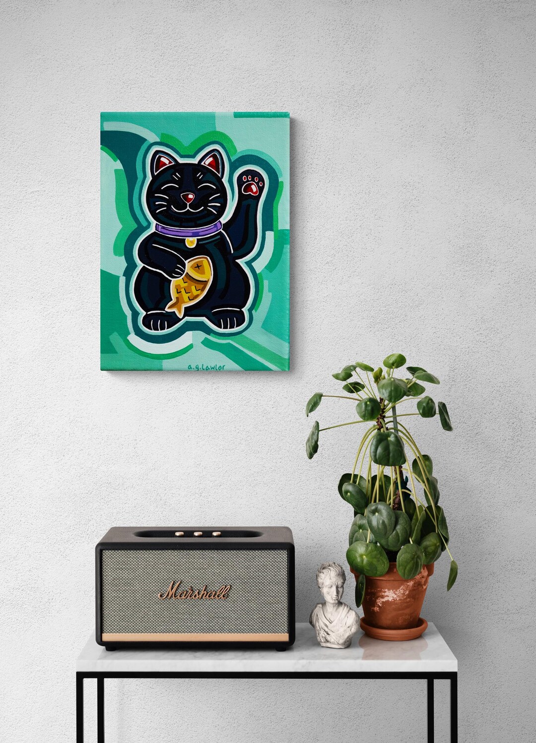 Japanese Lucky Cat Print, Maneki Neko Wall Art, Cute Black Cat With ...