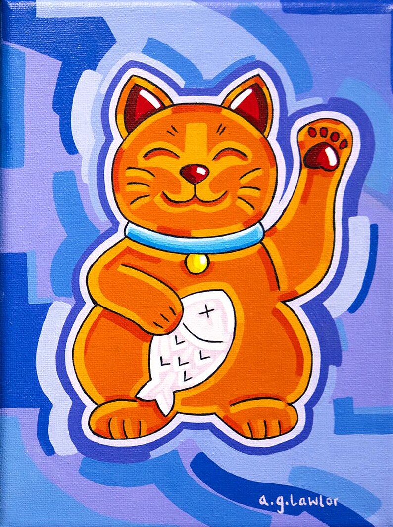 Japanese Lucky Cat Print, Maneki Neko Wall Art, Cute Ginger Cat With ...