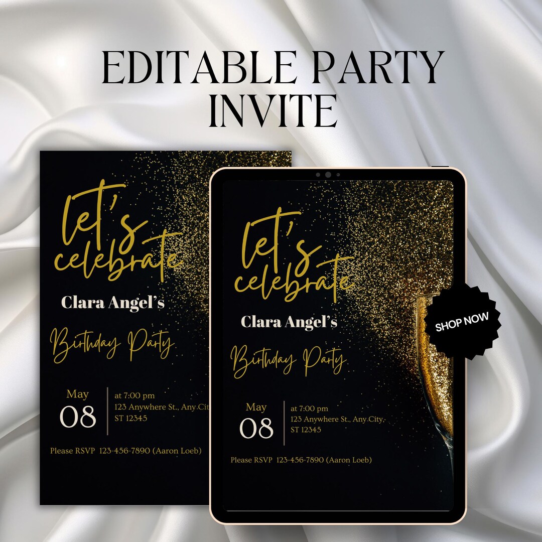 Editable Golden Party Invitation | Elegant Gold Birthday Invite ...