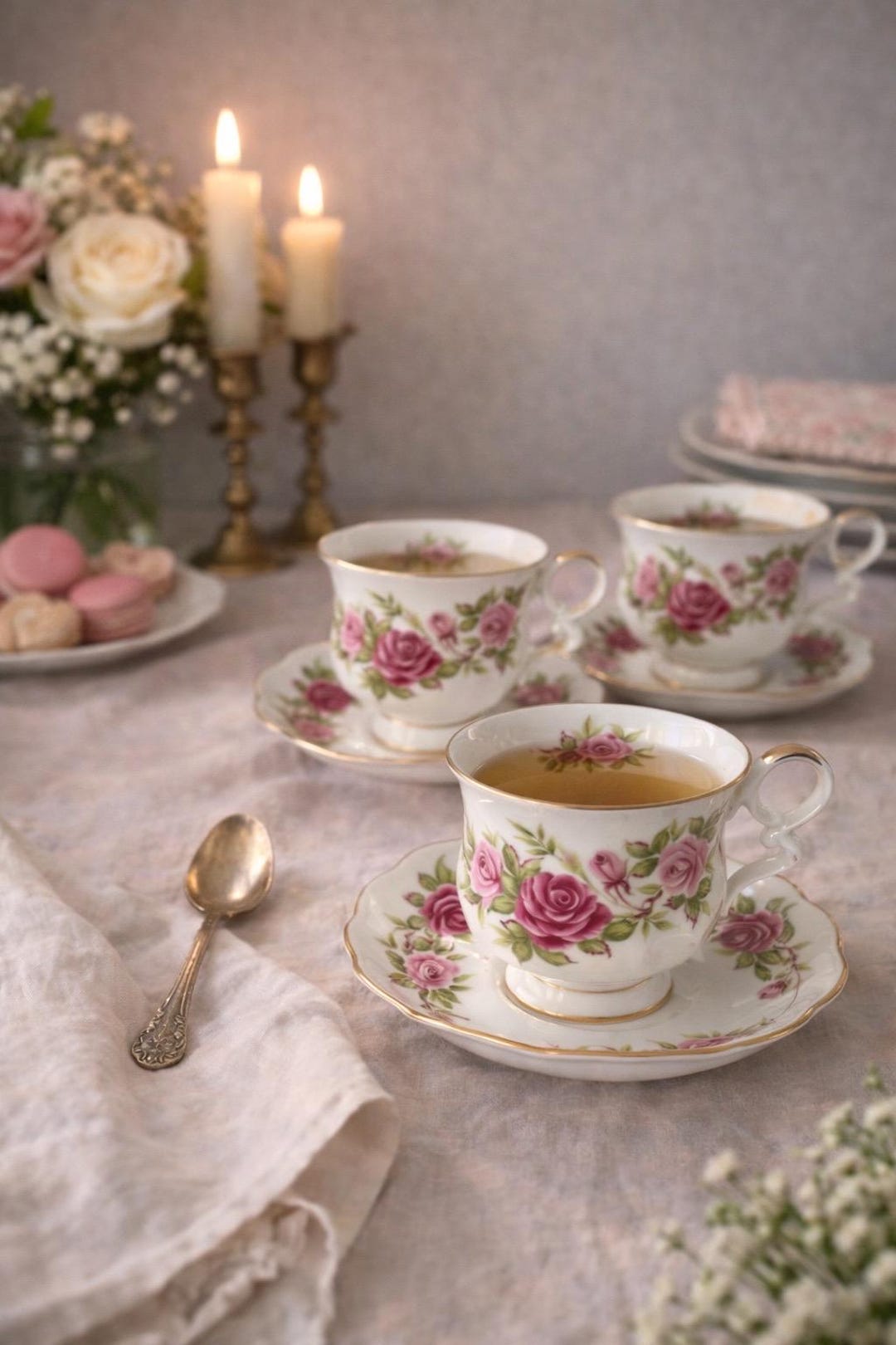 Vintage Royal Ascot Moss Rose Tea Cups and Saucers - Fine Bone China ...