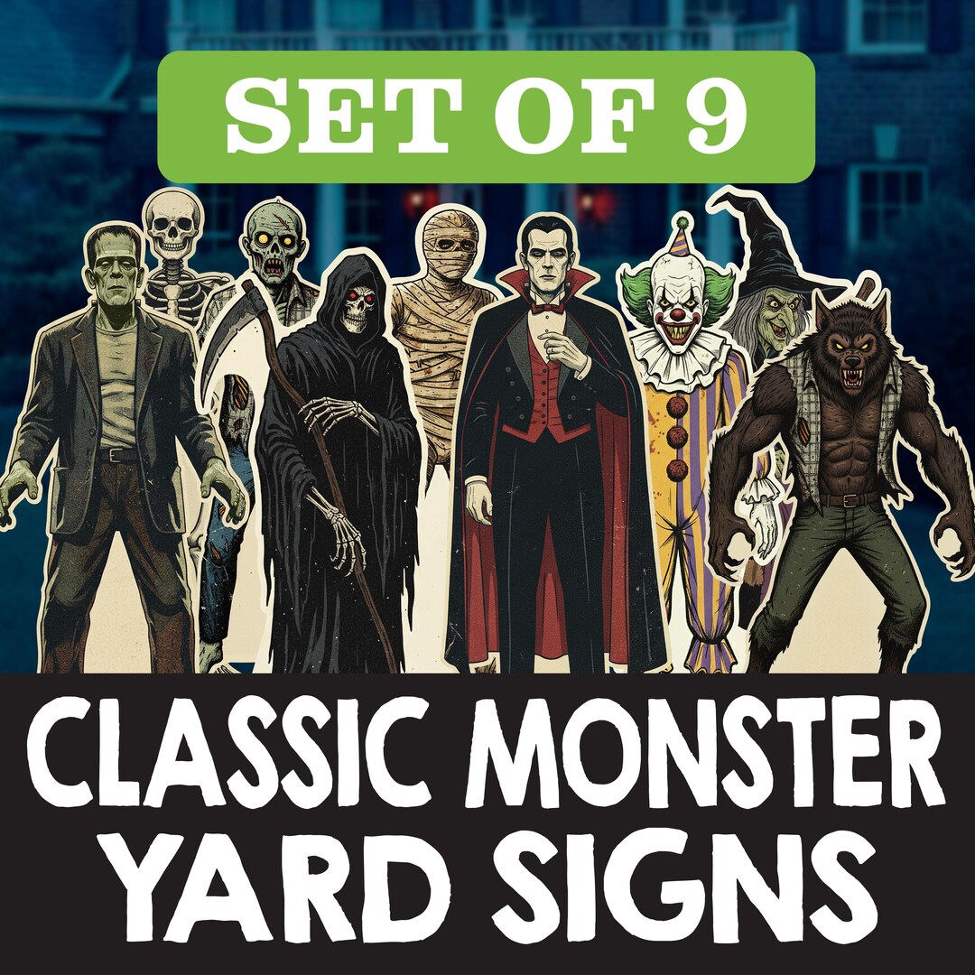 Classic Monsters Halloween Yard Sign Set: Retro Vintage Style Spooky ...