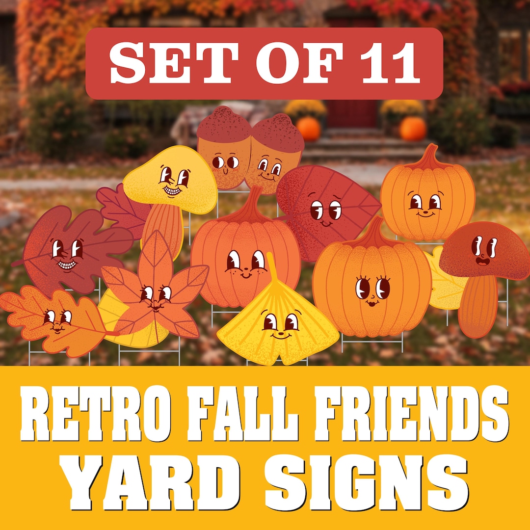 Retro Fall Characters Yard Sign Set - Pumpkins, Leaves & Acorns Autumn ...