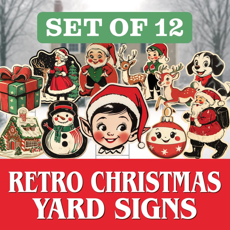 Retro Christmas Yard Sign Set - Vintage Style Outdoor Holiday ...