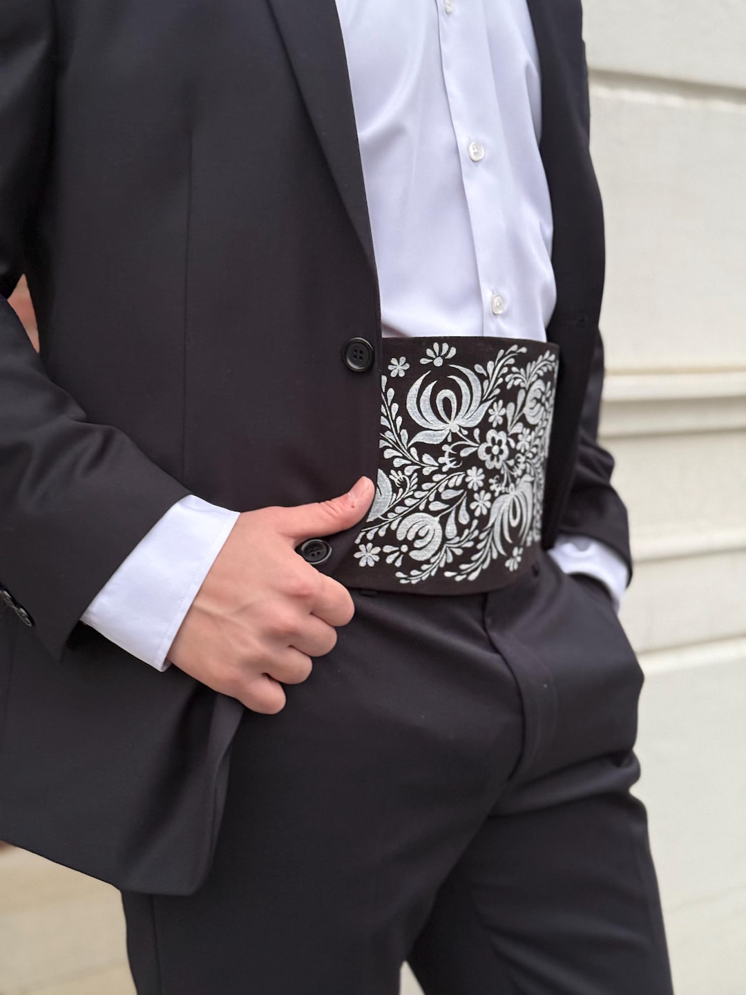 Hand Painted Linen Cummerbund – Men’s Black Tuxedo Waist Belt With ...