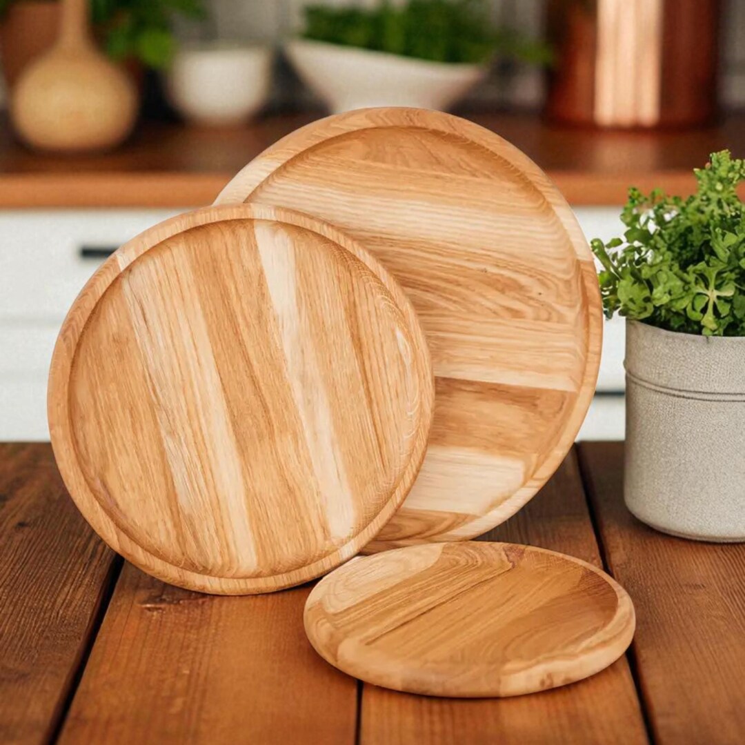 Round Oak Wooden Serving Tray Set 11.8in 9.8in 7.9in Handmade Rustic ...