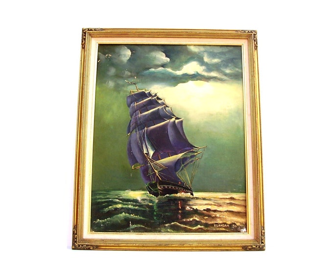 Vintage Ship Painting Old Ironsides Oil on Canvas After O.H. Manzer USS ...