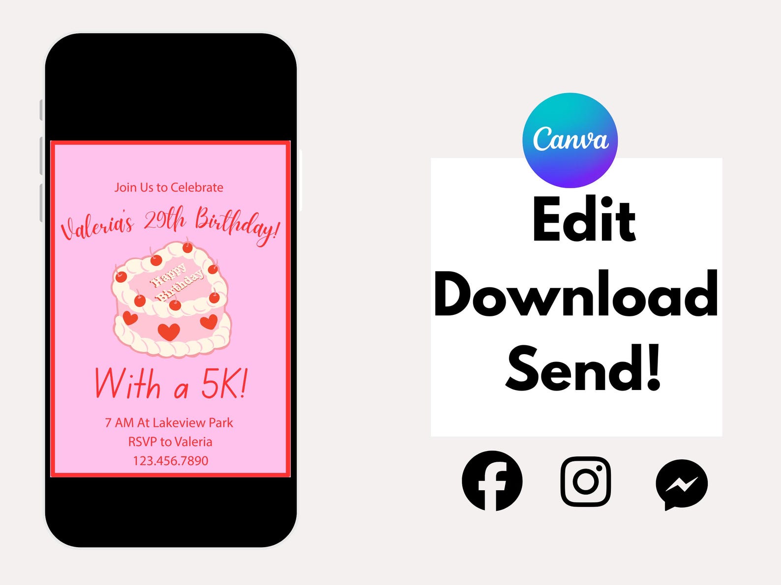 Pink 5K Birthday Run Invitation | Girly Vintage Cake Canva Invite ...