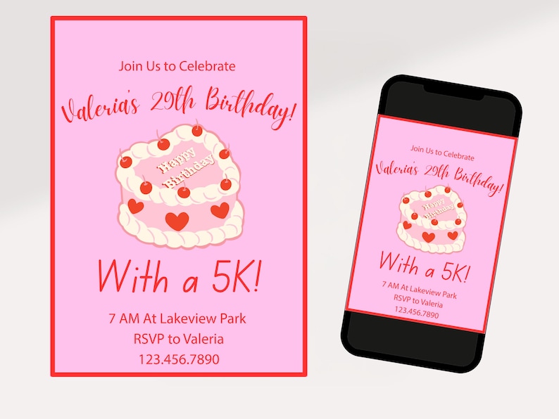 Pink 5K Birthday Run Invitation | Girly Vintage Cake Canva Invite ...