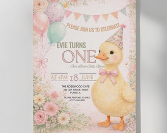 Silly Goose 1st Birthday Invitation: Pink Gingham, Editable Canva ...