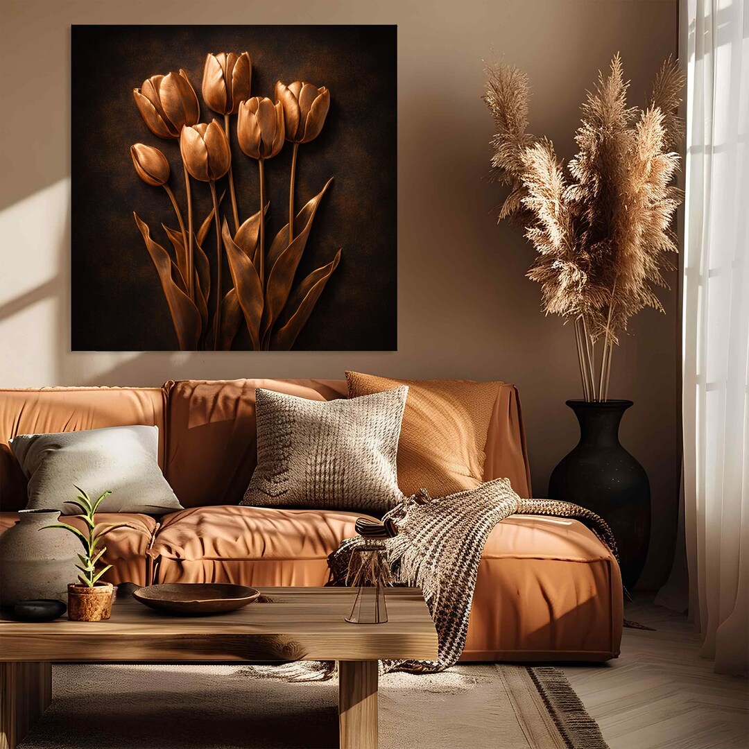 Copper Tulip Bouquet Wall Art: Embossed Floral on Dark Background - Etsy