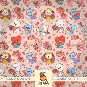 Kawaii Character Valentine Seamless Pattern – Bt21-inspired Design(png ...