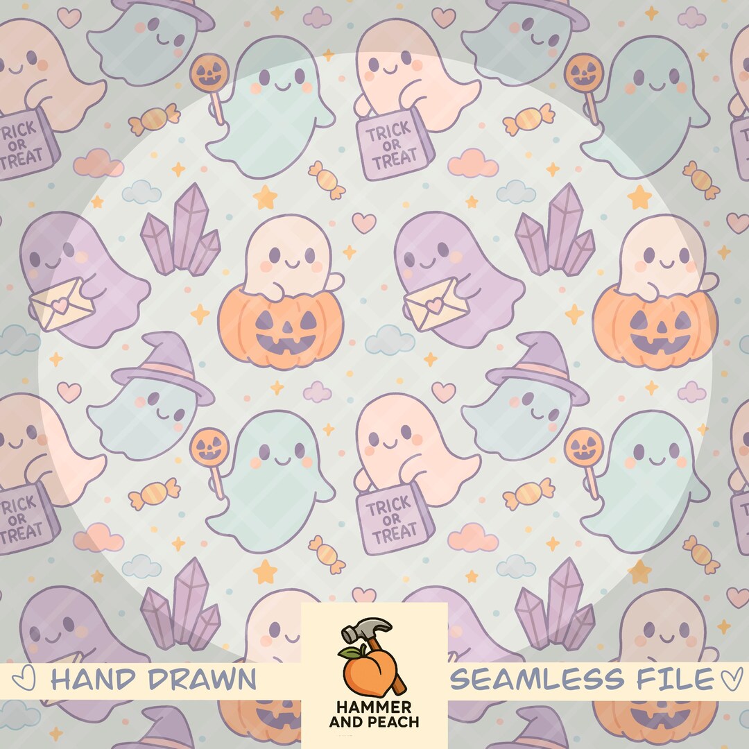 Pastel Halloween Ghost Seamless Pattern: Kawaii Spooky PNG (12x12in ...