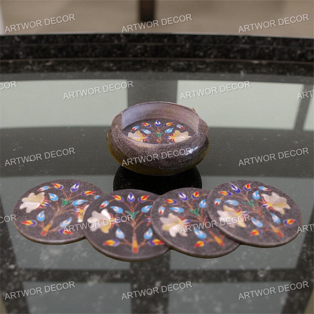 White Marble Inlay Coaster Set With Holder: Handmade Gemstone Drink ...
