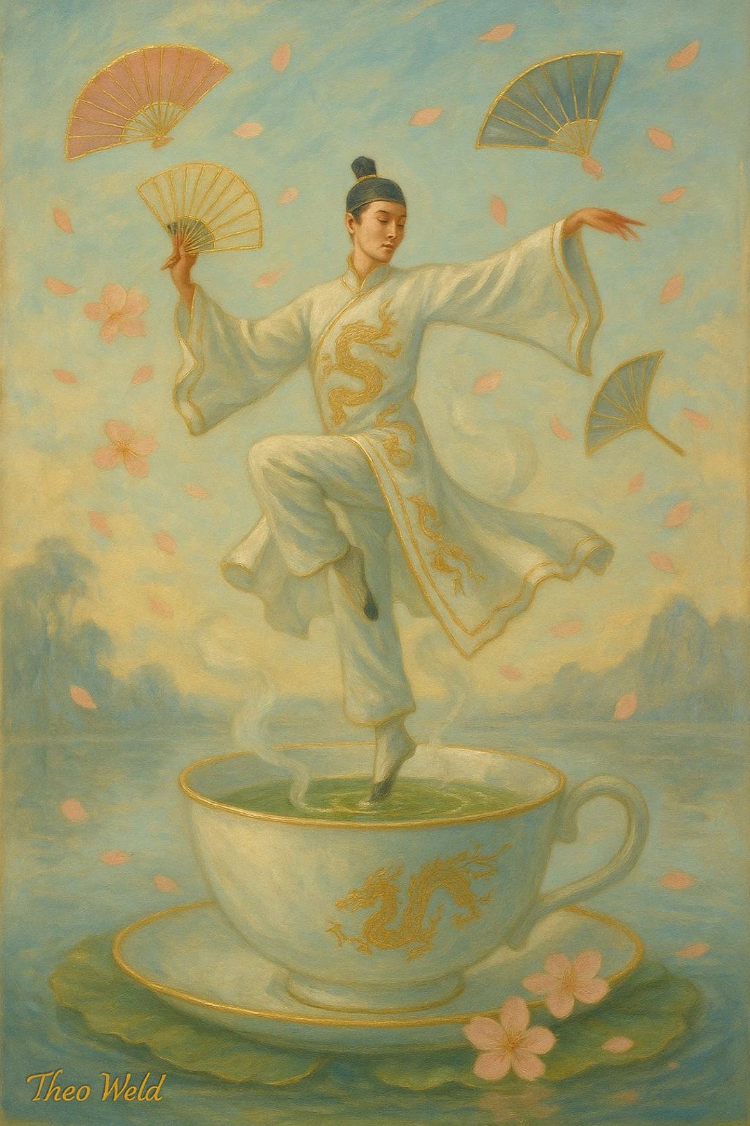 Chinese Art Print – Tea Ceremony Dancer With Golden Dragon – Asian Wall ...