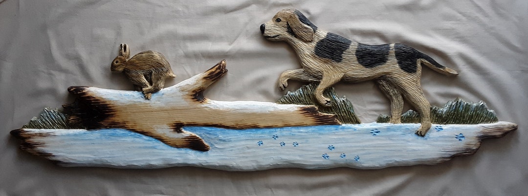 BEAGLE CHASING RABBIT in Snow Wood Carving, Chainsaw Carving, Log Cabin ...