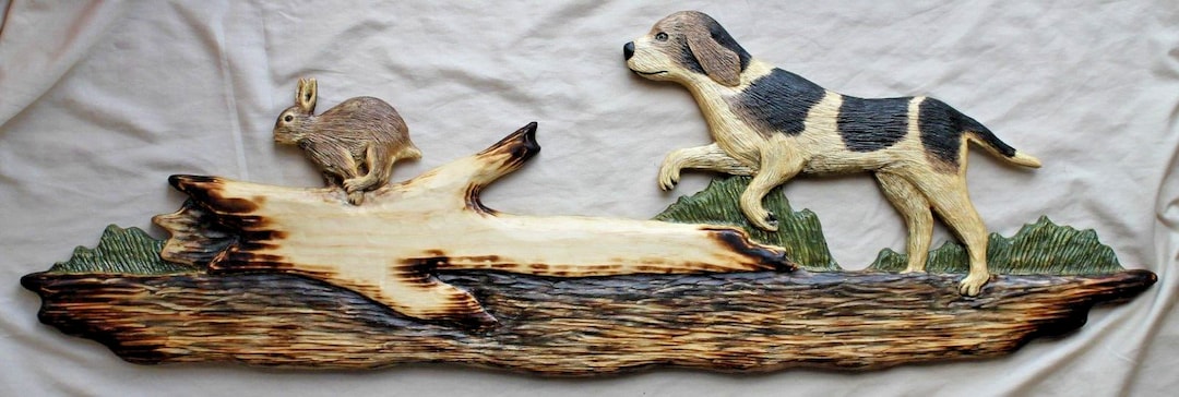 BEAGLE CHASING RABBIT, Cub, Wood Carving, Chainsaw Carving, Log Cabin ...