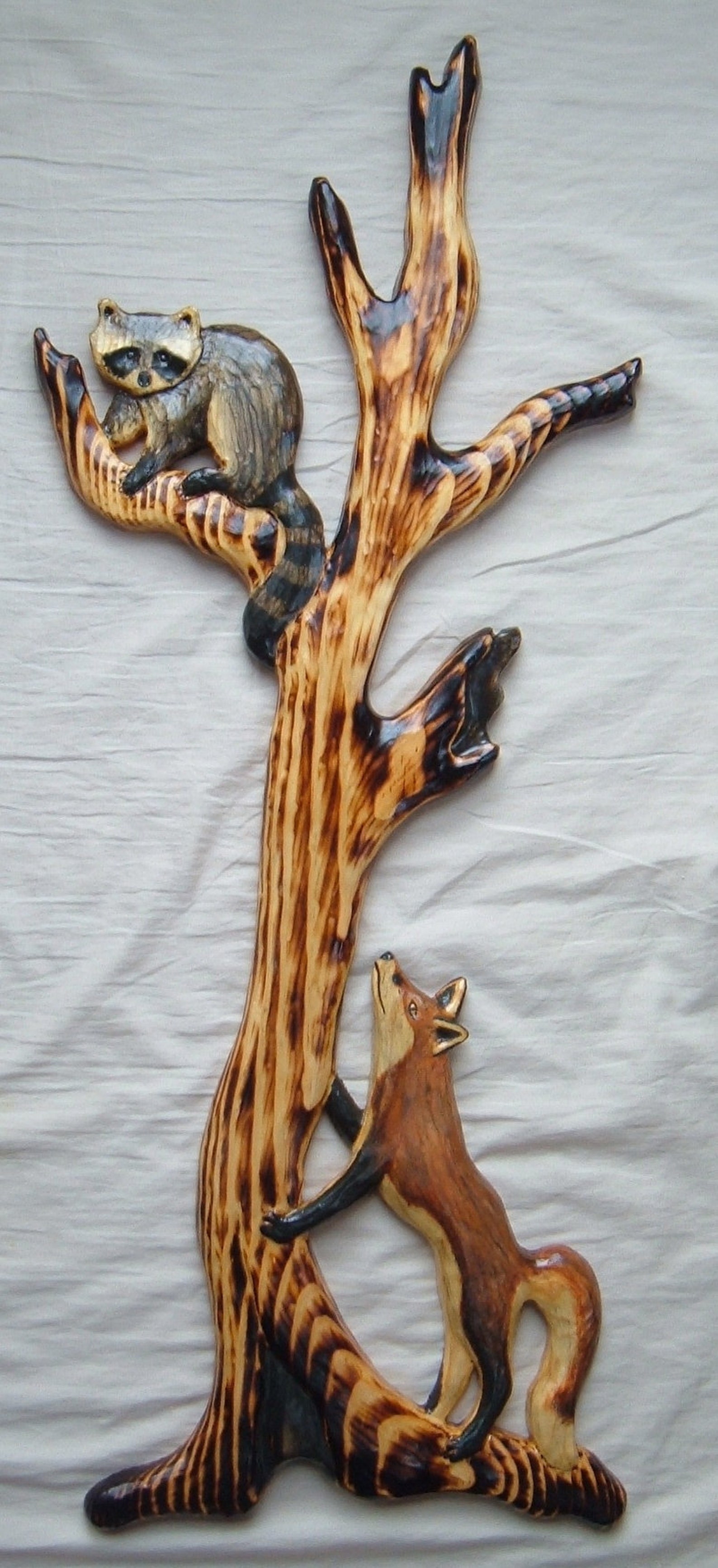 RED FOX & RACCOON, Cub, Wood Carving, Chainsaw Carving, Log Cabin Decor ...