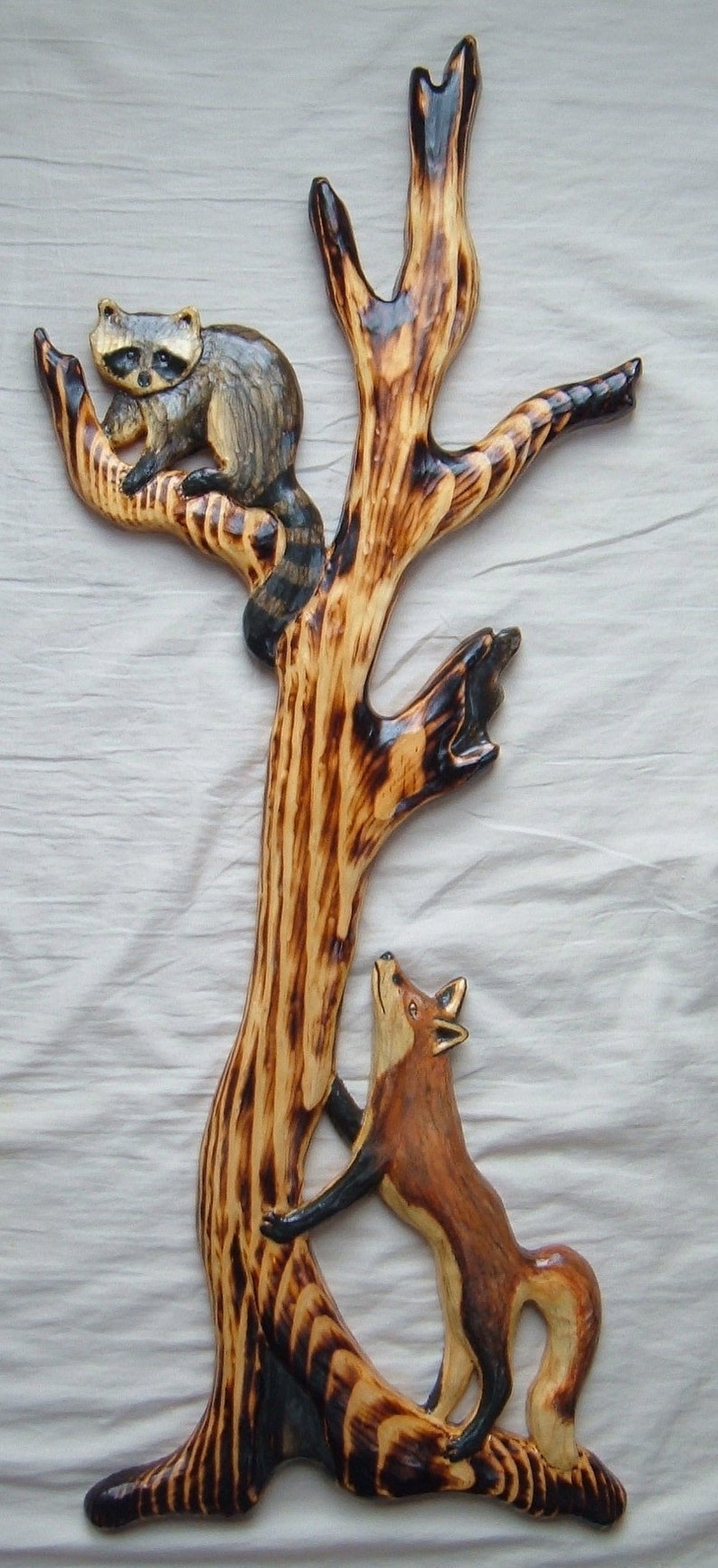 RED FOX & RACCOON, Cub, Wood Carving, Chainsaw Carving, Log Cabin Decor ...