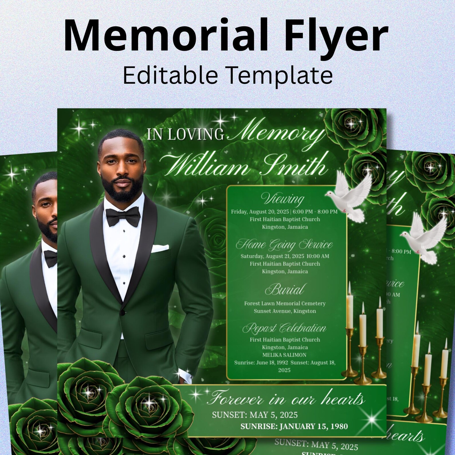 In Loving Memory Green Flyer Canva Editable Template, Memorial ...