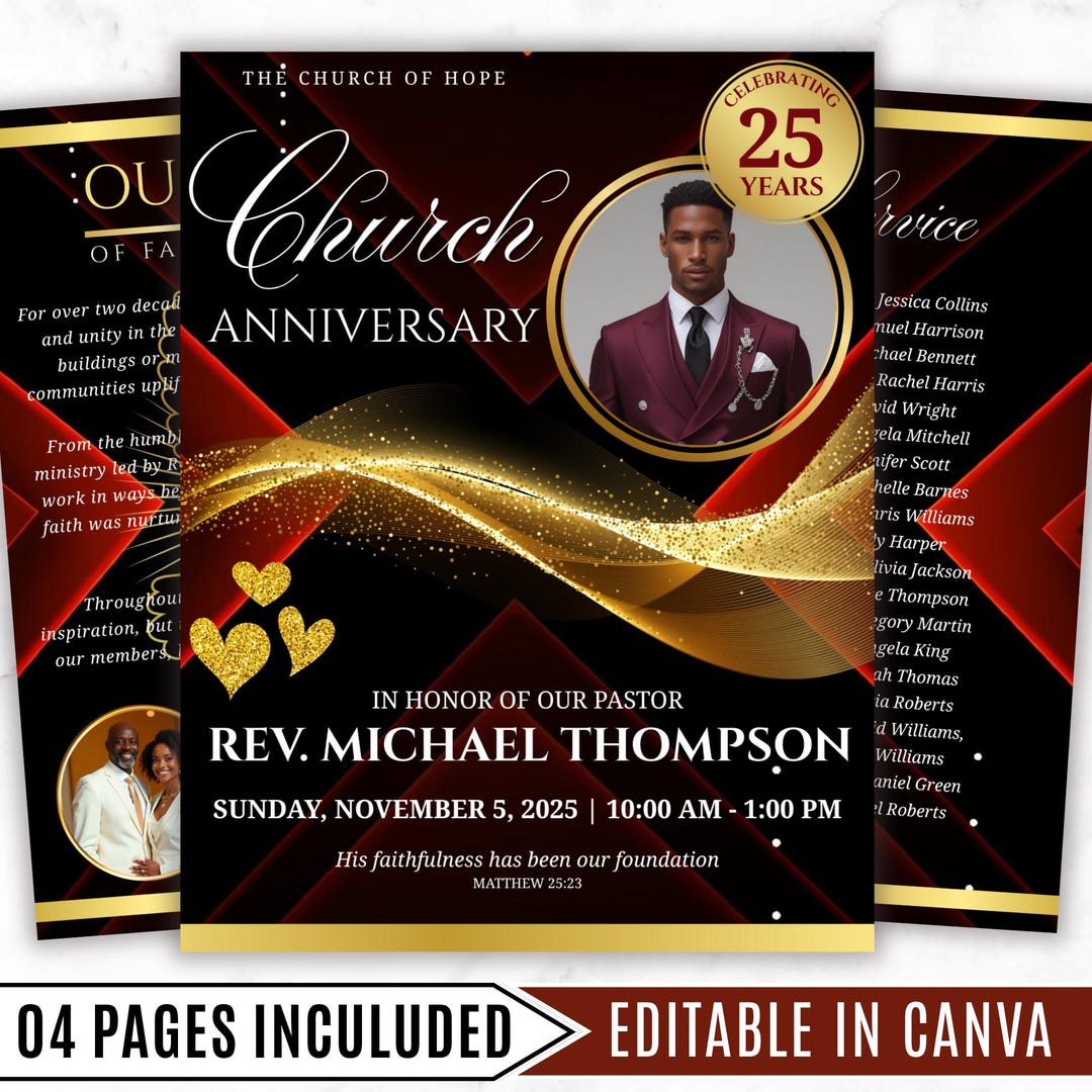 04 Pages Church Anniversary Program Template, Editable Bifold 8.5x11 ...
