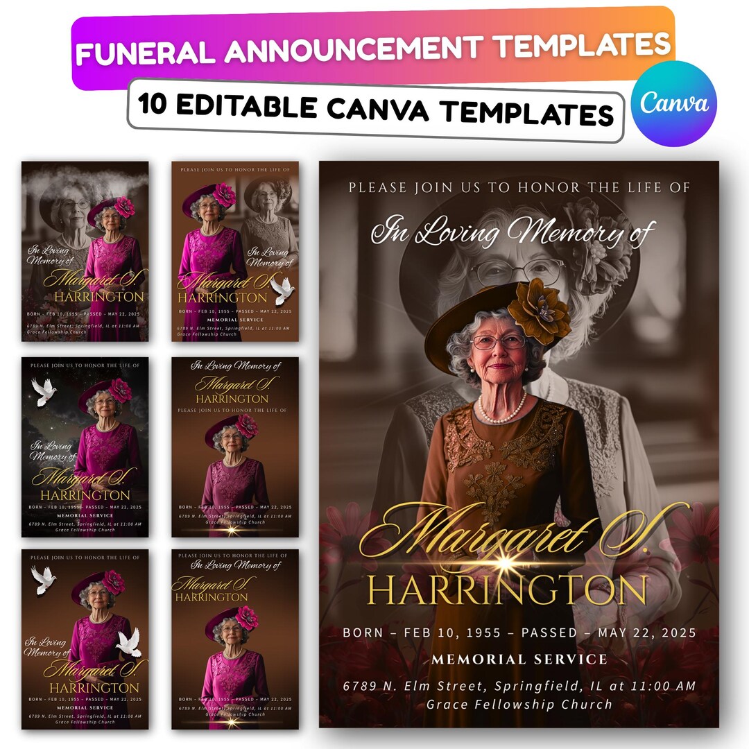 Memorial Funeral Announcement Flyer Canva Template, in Loving Memory ...