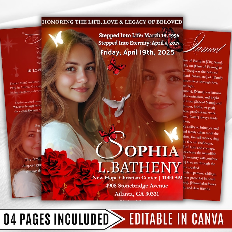 04 Pages Red Funeral Program Template, Bi-fold Funeral Program ...