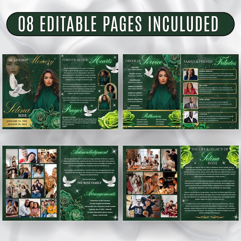 08 Pages Green Funeral Program Template, Bi-fold Funeral Program ...