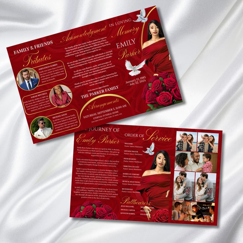 Tri-fold Red Funeral Program, Celebration of Life Obituary Program ...