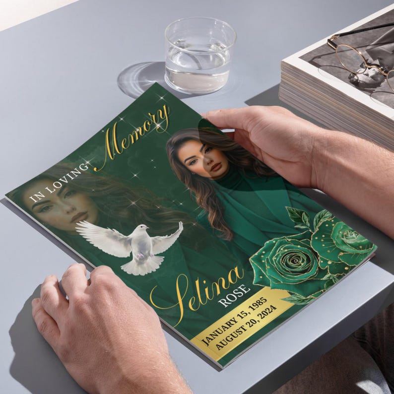 08 Pages Green Funeral Program Template, Bi-fold Funeral Program ...