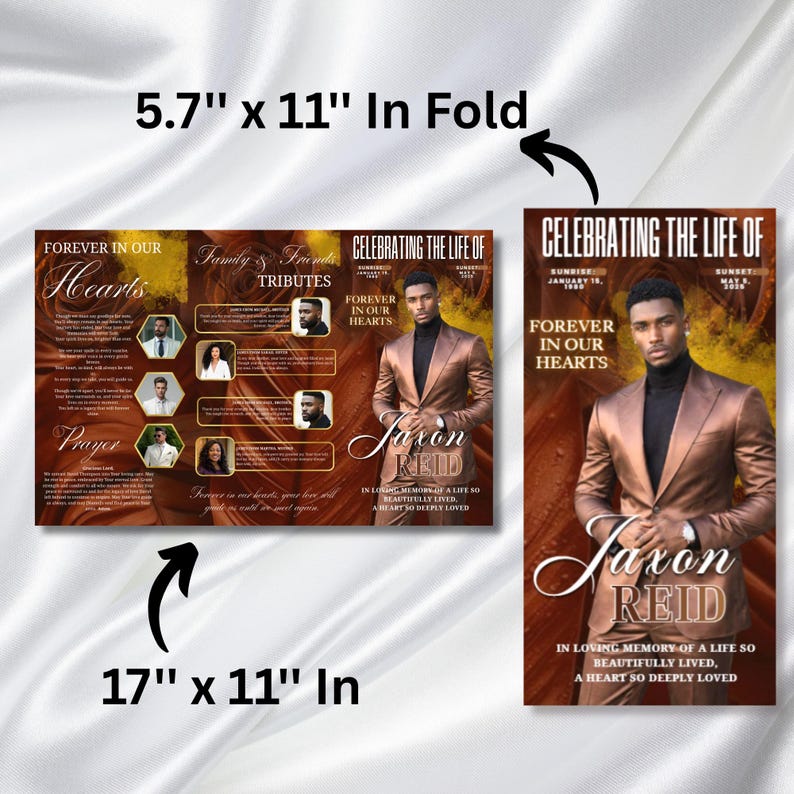 In Loving Memory Brown Funeral Program Template, Editable Trifold 17x11 ...