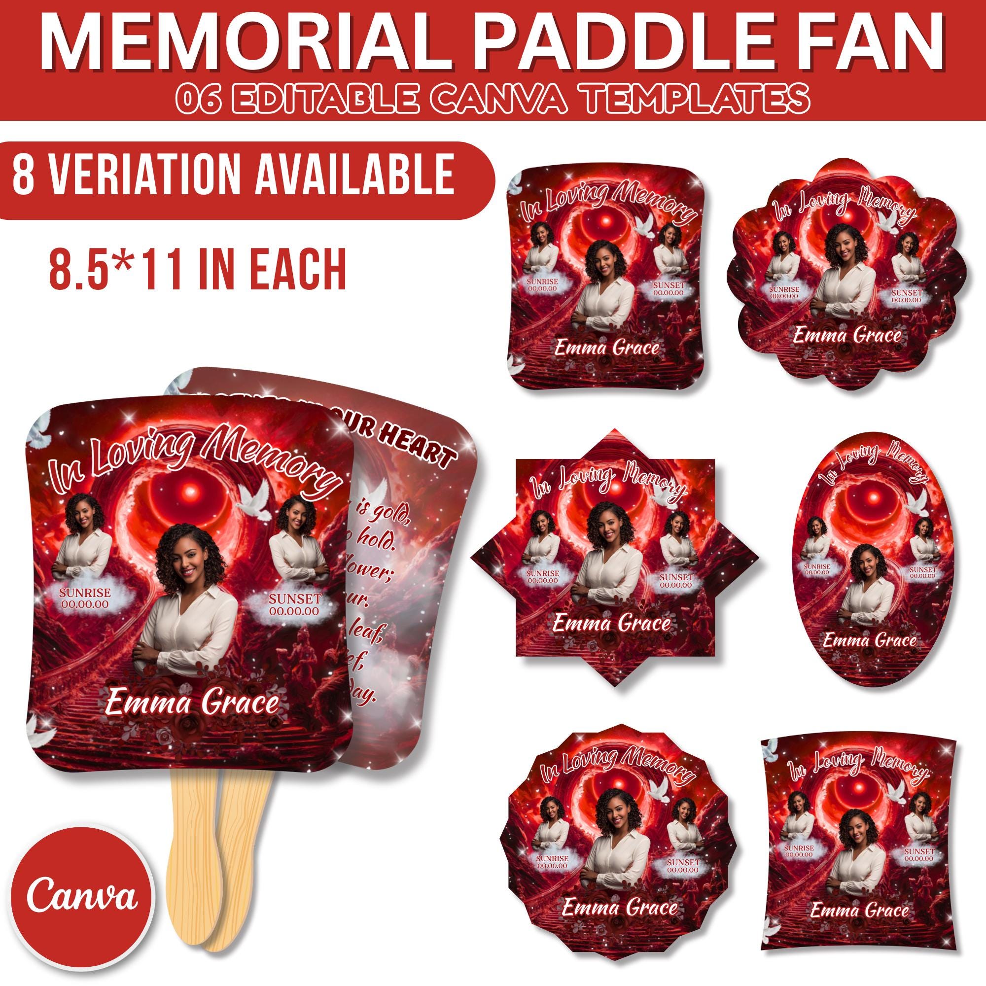 06 Red in Loving Memory Paddle Fan Canva Editable Template, Memorial ...