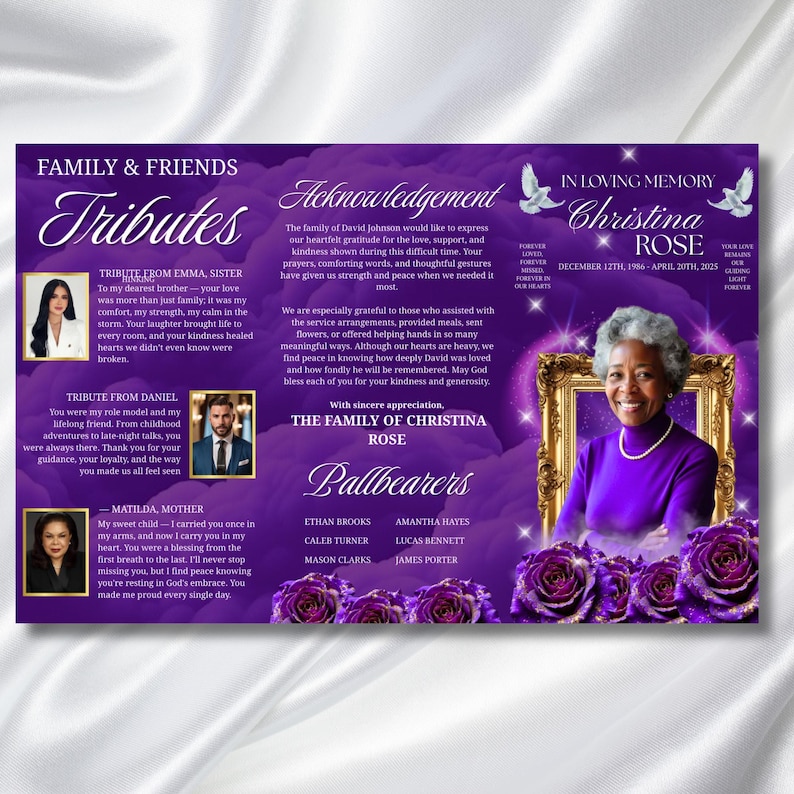 Trifold Purple Rose Gold Frame Funeral Program Template, Celebration of ...