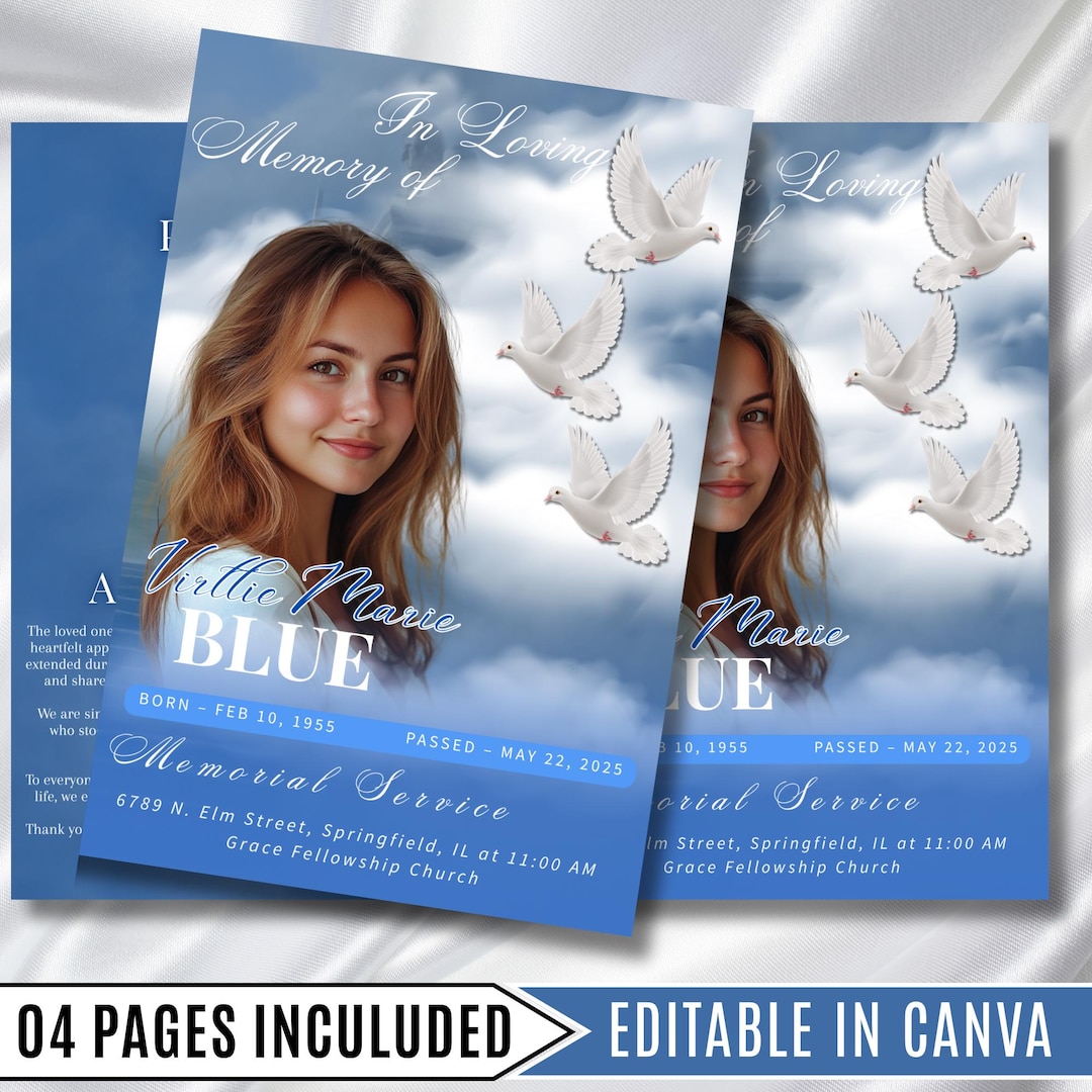 4 Pages Funeral Program Editable Template, Bi-fold Funeral Program ...