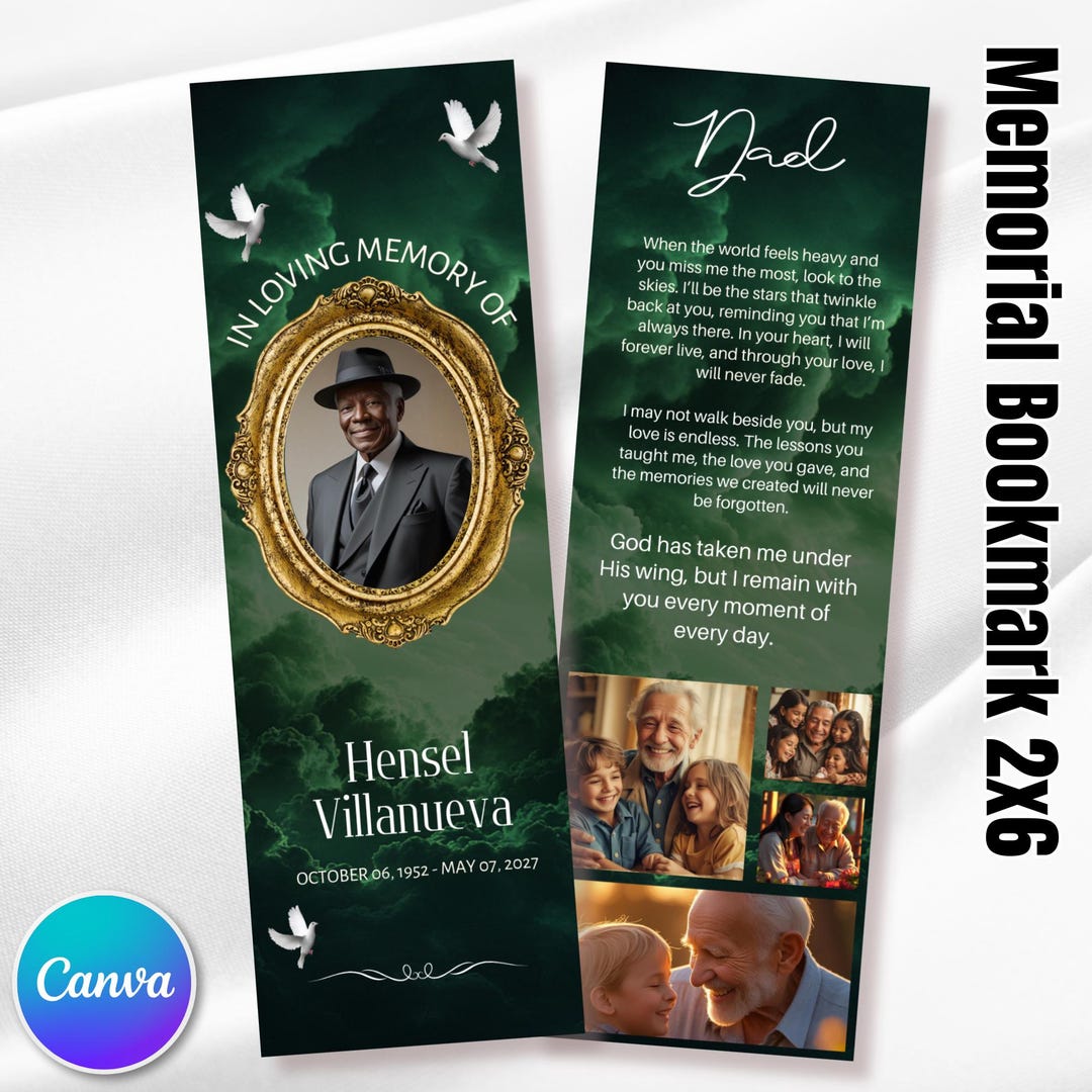 In Loving Memory Green Bookmark Canva Editable Template, Memorial ...