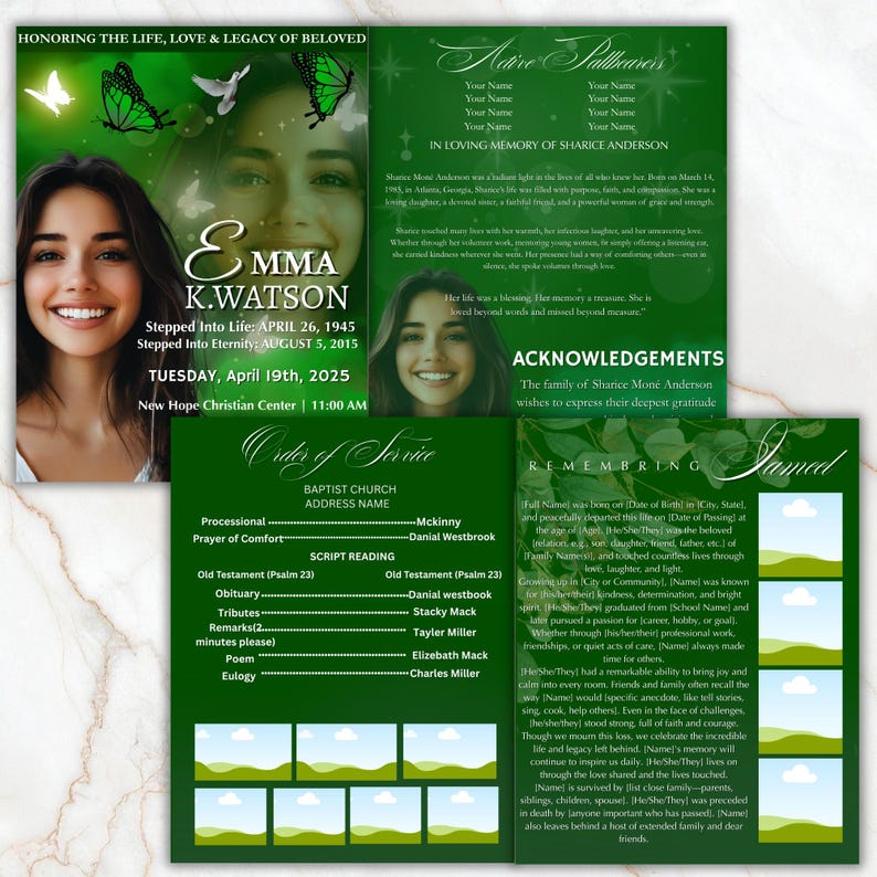 04 Pages Green Funeral Program Template, Bi-fold Funeral Program ...