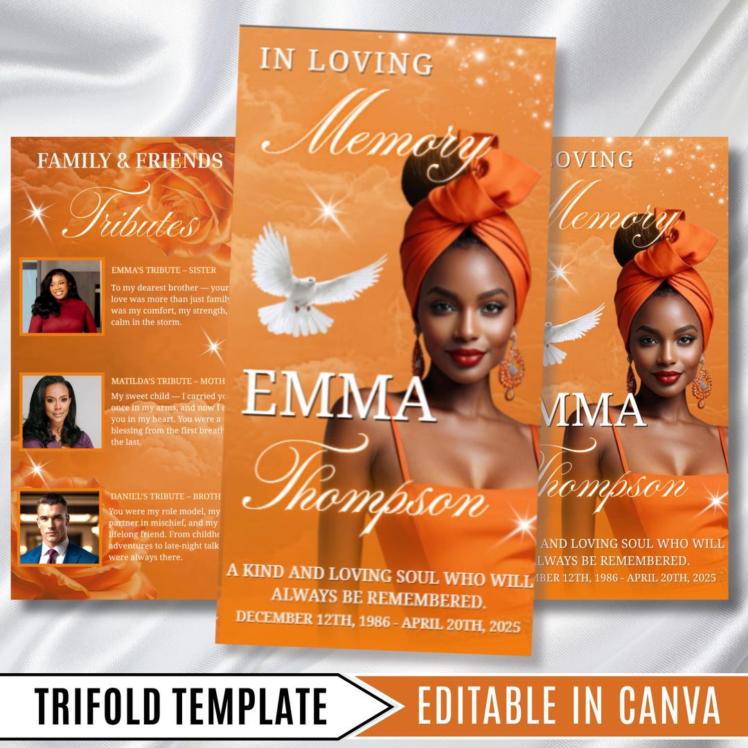 Orange Funeral Program Editable Template, Tri-fold(17x11) Funeral ...