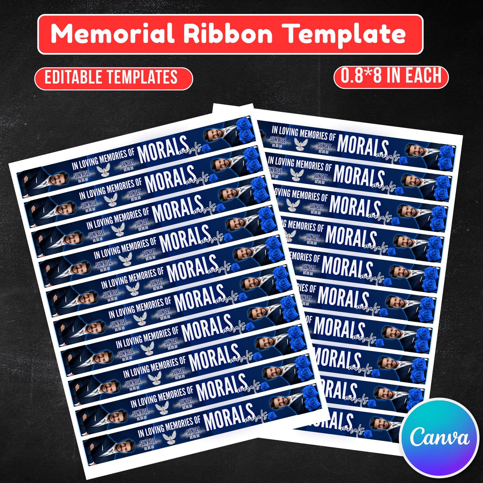 In Loving Memory Blue Ribbon Canva Editable Template, Rest in Piece ...