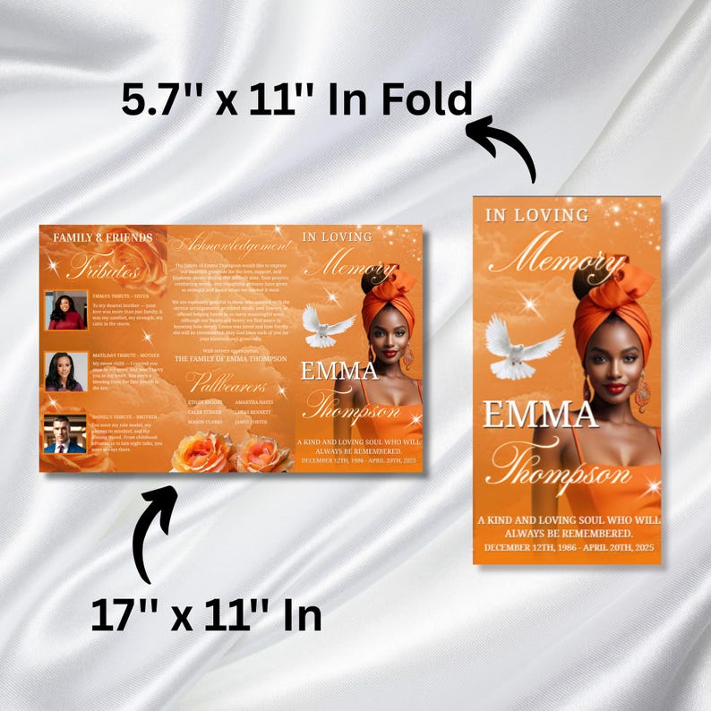 Orange Funeral Program Editable Template, Tri-fold(17x11) Funeral ...