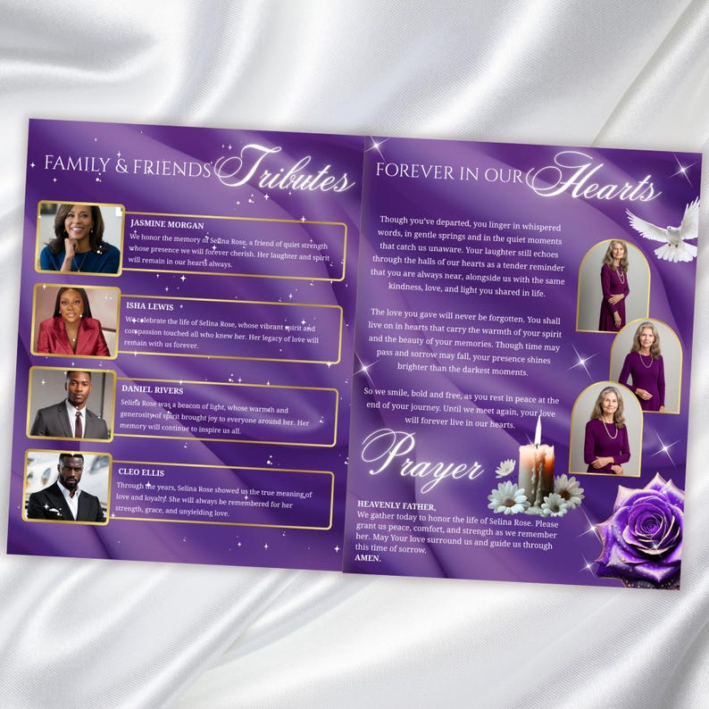 08 Pages Memorial Purple Funeral Program Template, Editable Bifold 8 ...