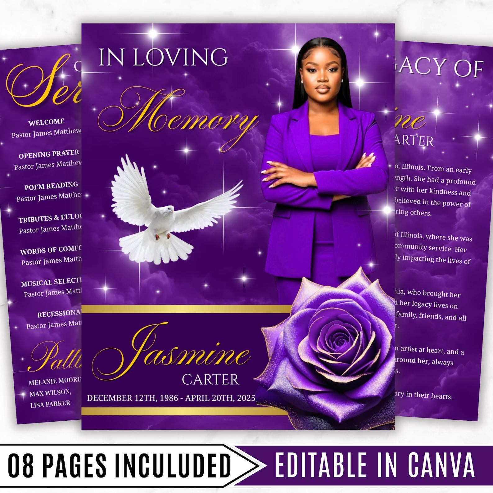 08 Pages Memorial Purple Funeral Program Template, Editable Bifold 8 ...