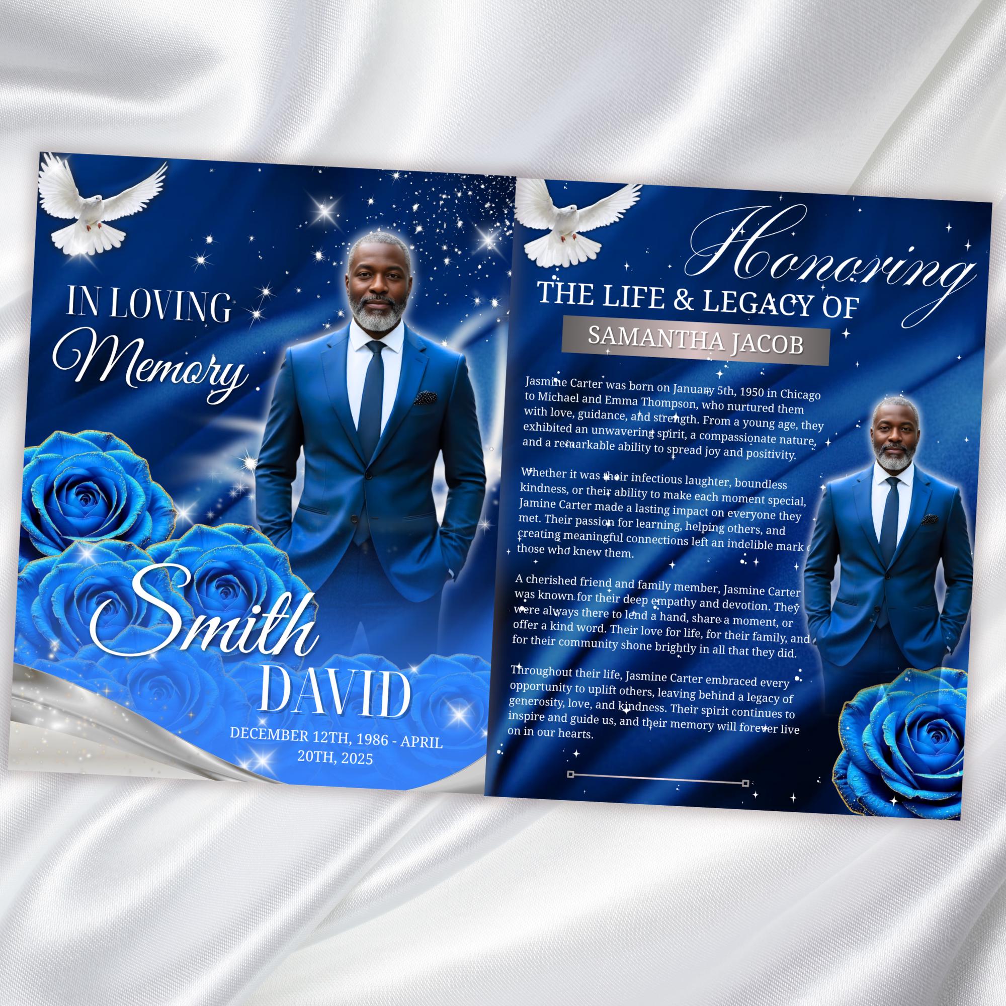 08 Blue Roses and Silver Funeral Program Template, Editable Bifold 8 ...