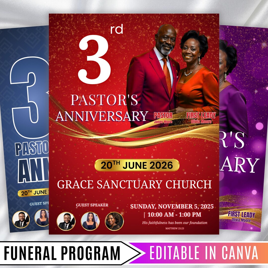 6 Pages Pastoral Anniversary Program Template, Memorial Funeral Program ...