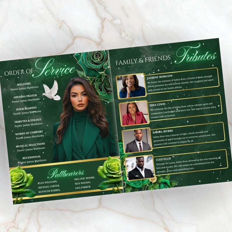 08 Pages Green Funeral Program Template, Bi-fold Funeral Program ...