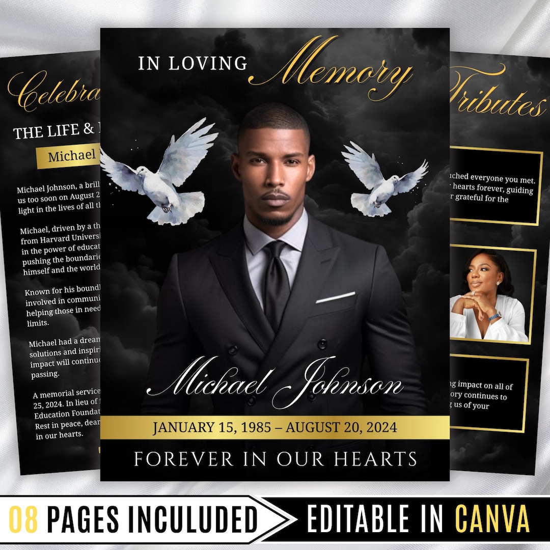 08 Pages Black Funeral Program Template, Bi-fold Funeral Program ...