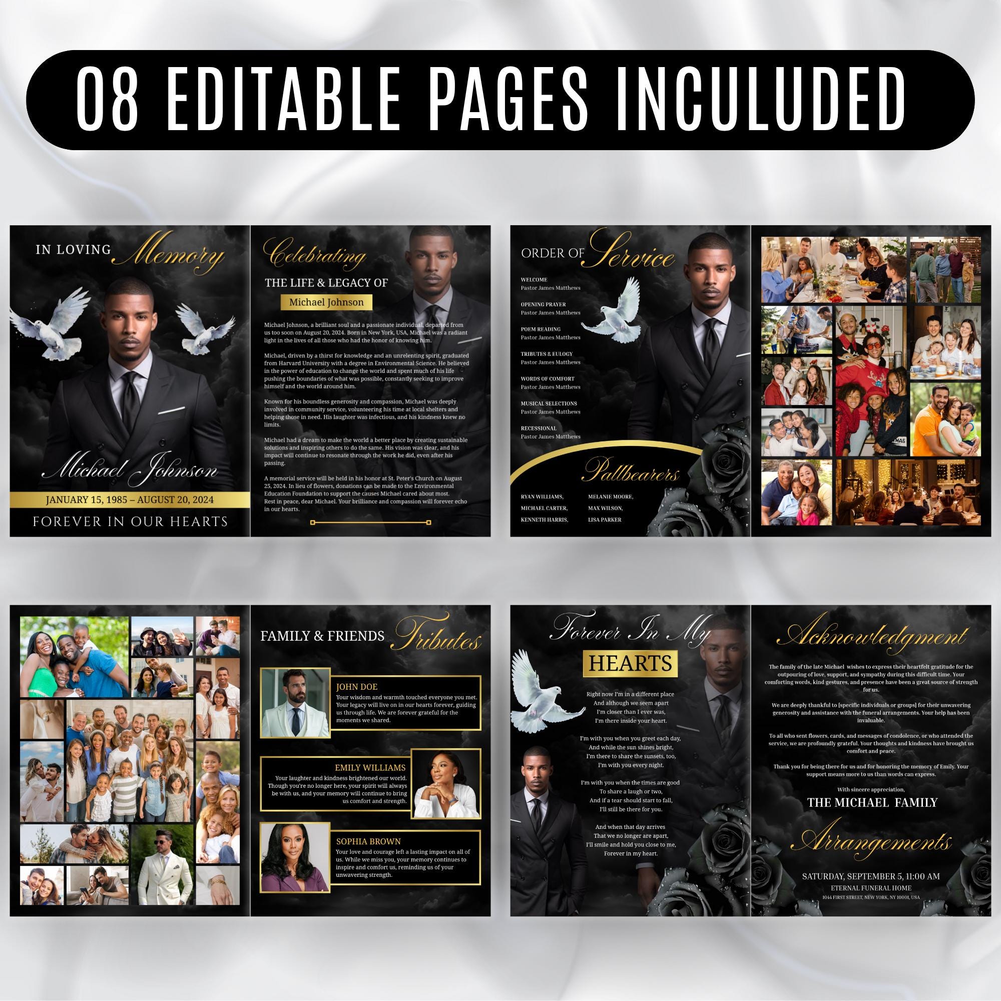 08 Pages Black Funeral Program Template, Bi-fold Funeral Program ...