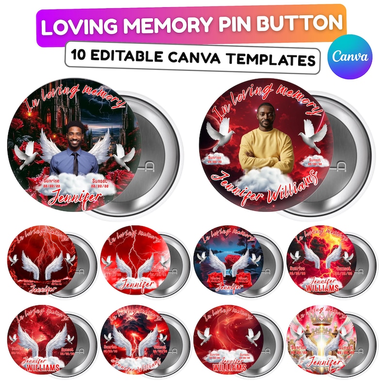 10 in Loving Memory Red Pin Button Canva Editable Templates Bundle, in ...