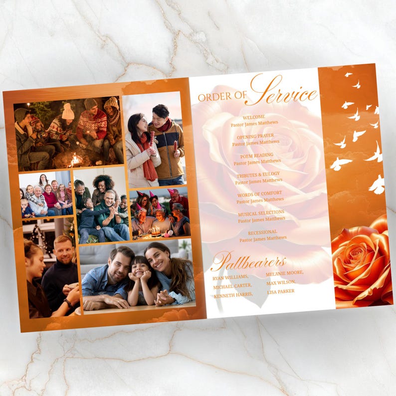 08 Pages Orange Funeral Program Template, Bi-fold Funeral Program ...