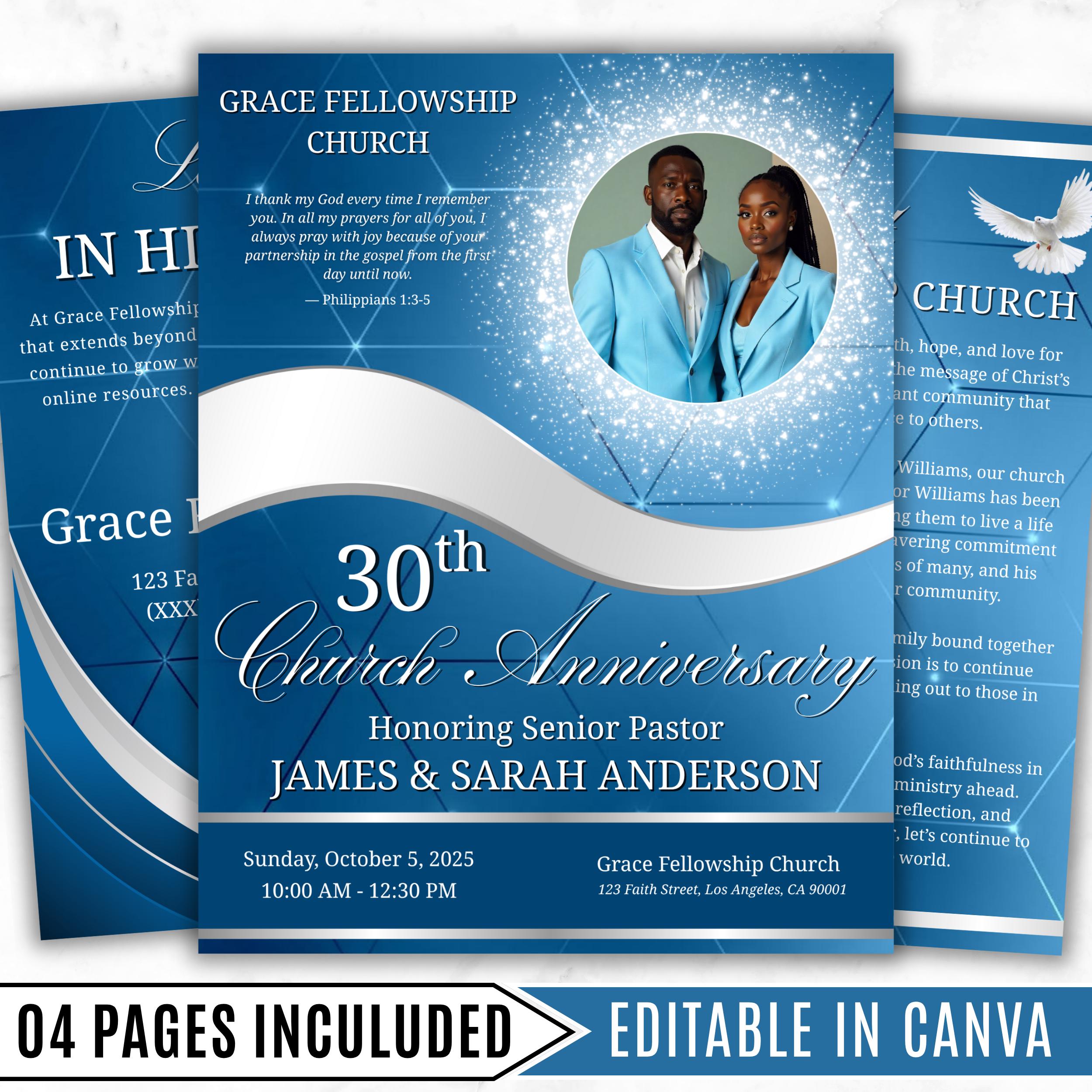 4 Pages Church Anniversary Program Template, Editable Bifold 8.5x11 ...