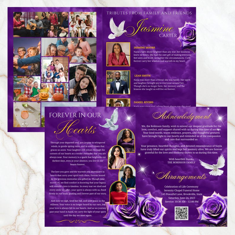 08 Pages Memorial Purple Funeral Program Template, Editable Bifold 8 ...