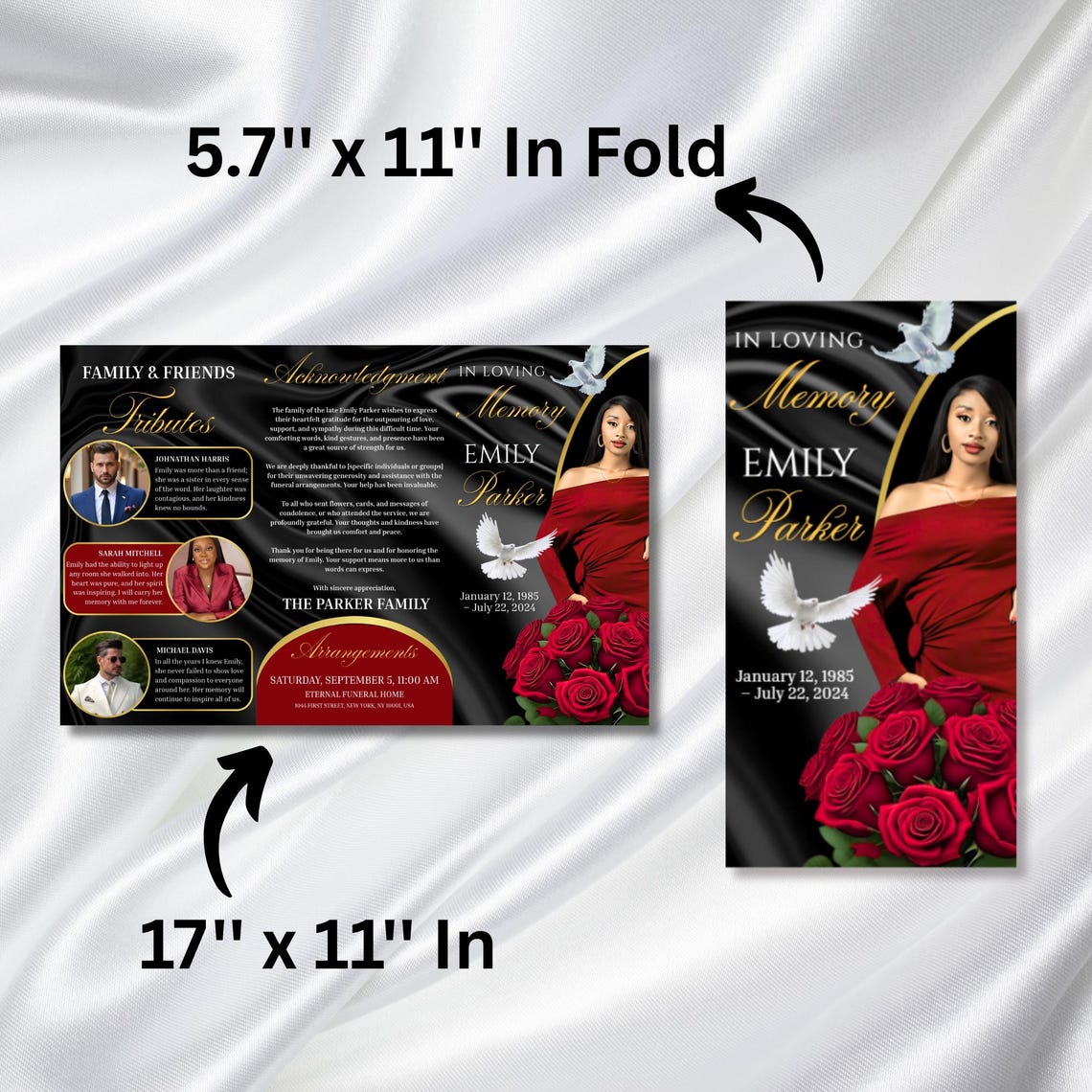 Red & Black Funeral Program Template, Tri-fold(17x11) Funeral Program ...